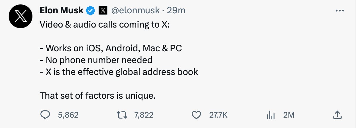 Elon Musk says X will soon get video and audio calling on all devices